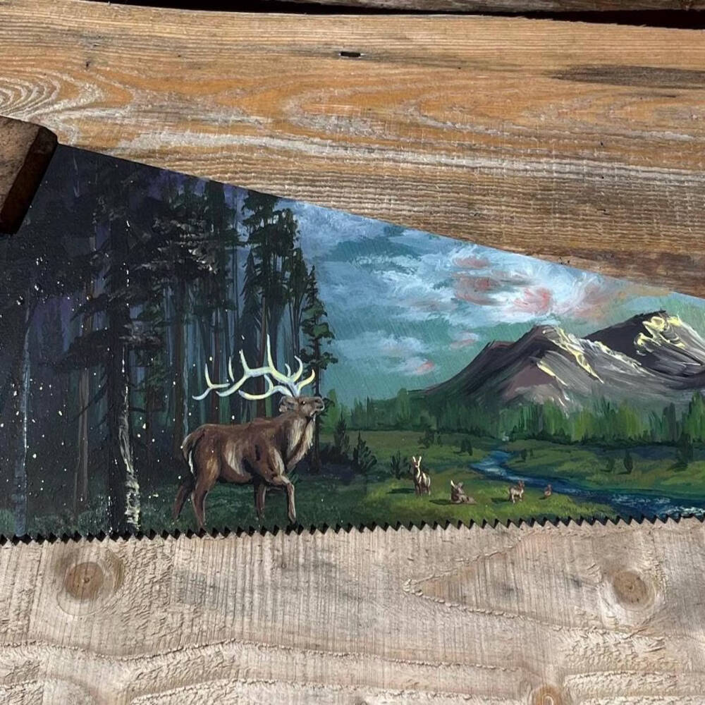 Hand-Painted Elk Sawblade – Rustic Wildlife Wall Art – DeWall's Forge